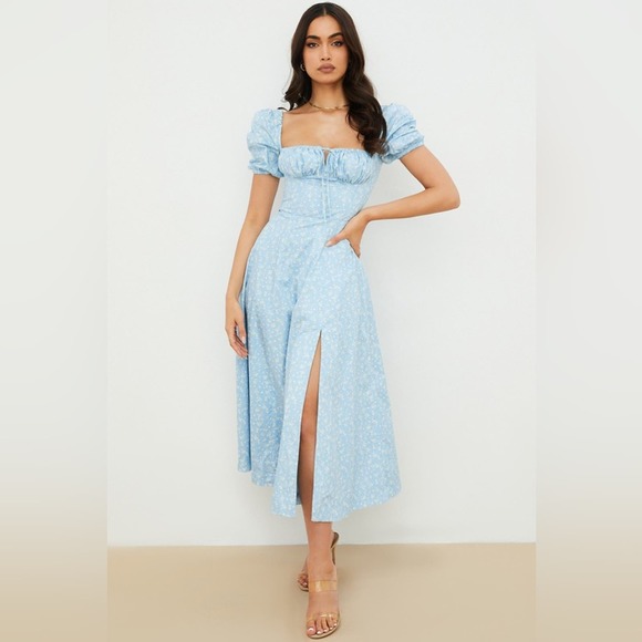 House of CB | Dresses | House Of Cb Tallulah Blue Ivory Floral Puff ...